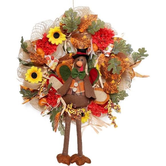 Holiday | Thanksgiving Wreath With Stuffed Turkey 16 Inch Artificial ...